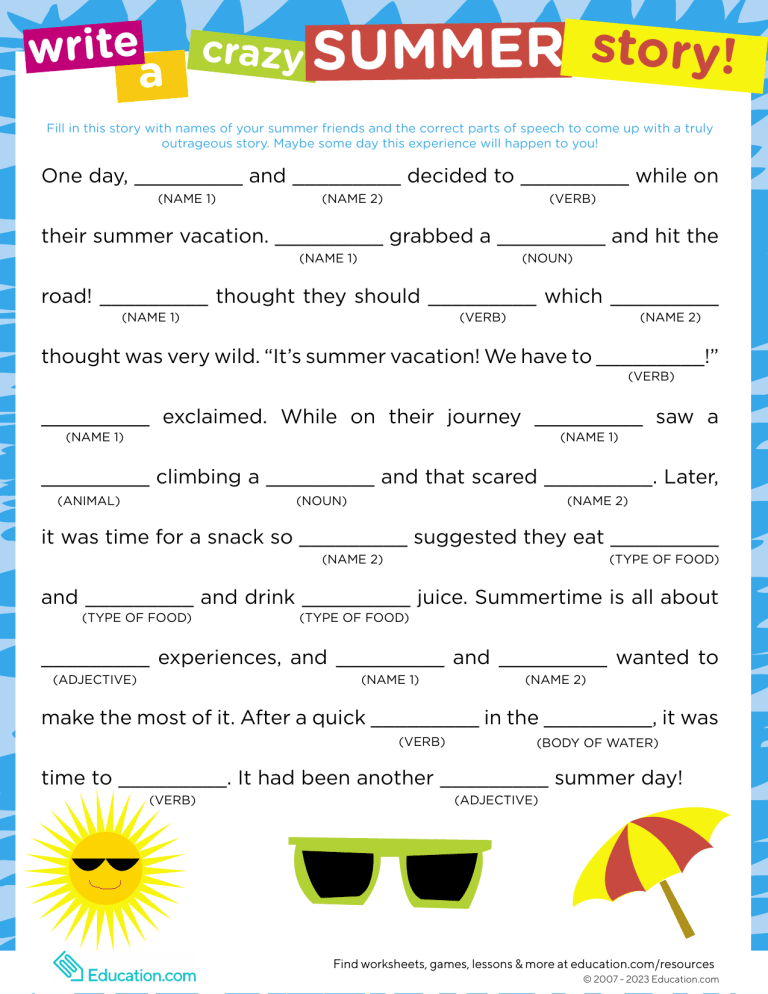 Crazy Summer Story Worksheet: Fill-in-the-Blanks Fun
