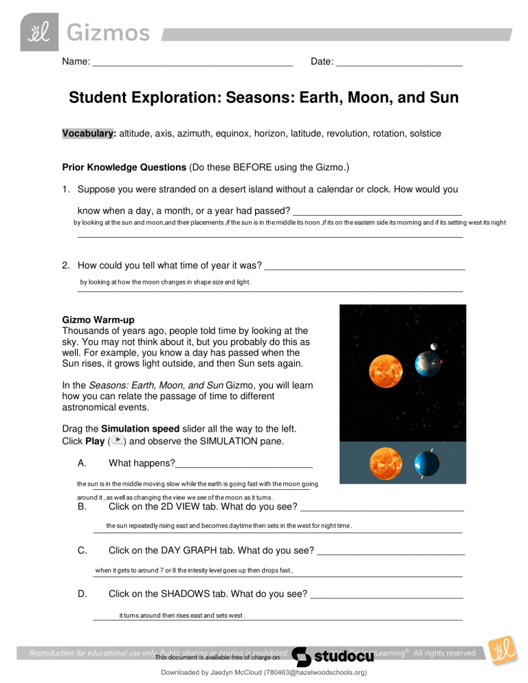 Seasons: Earth, Moon, Sun Worksheet