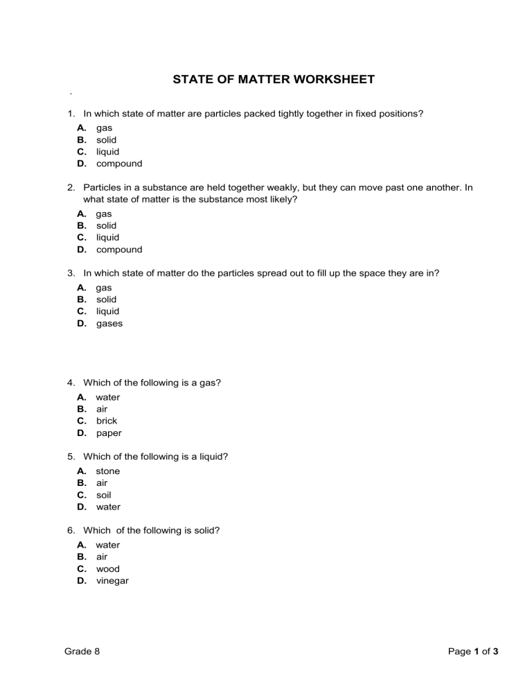 States of Matter Worksheet - Grade 8 Science