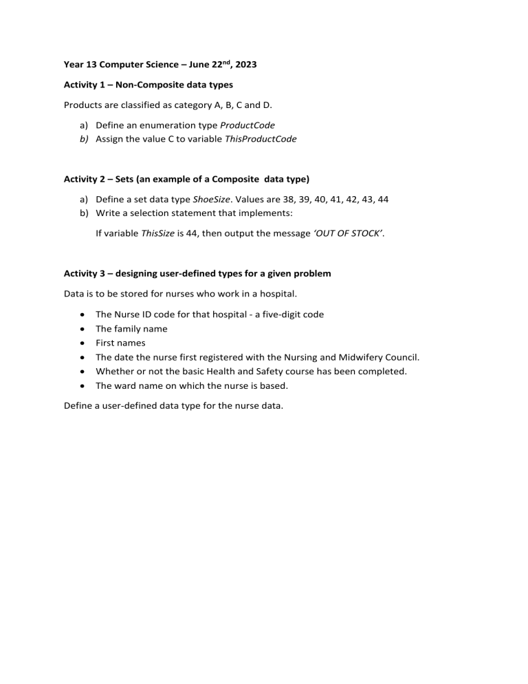 Computer Science Data Types Activity