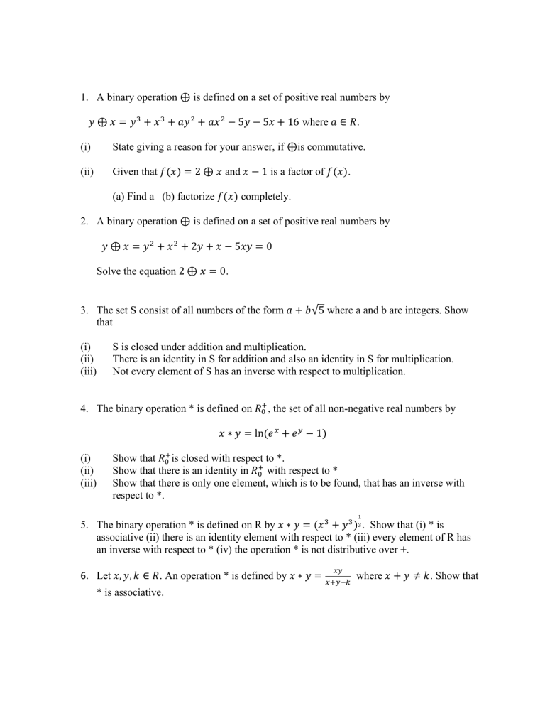 Binary Operations Exercise Sheet