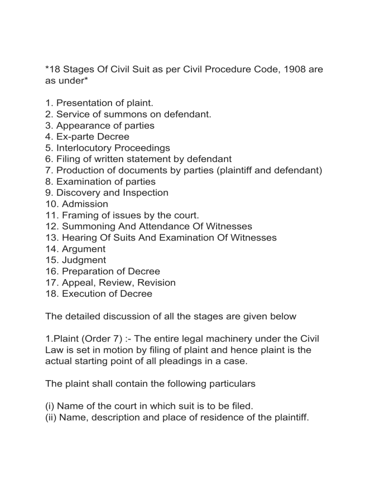 18 Stages of Civil Suit: Civil Procedure Code 1908