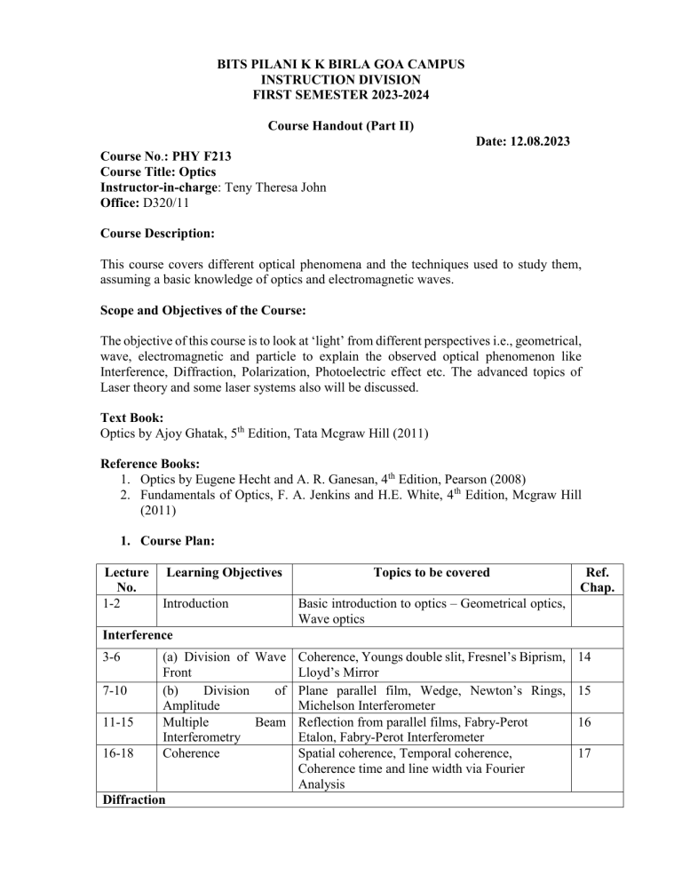 Optics Course Handout - BITS Pilani Goa