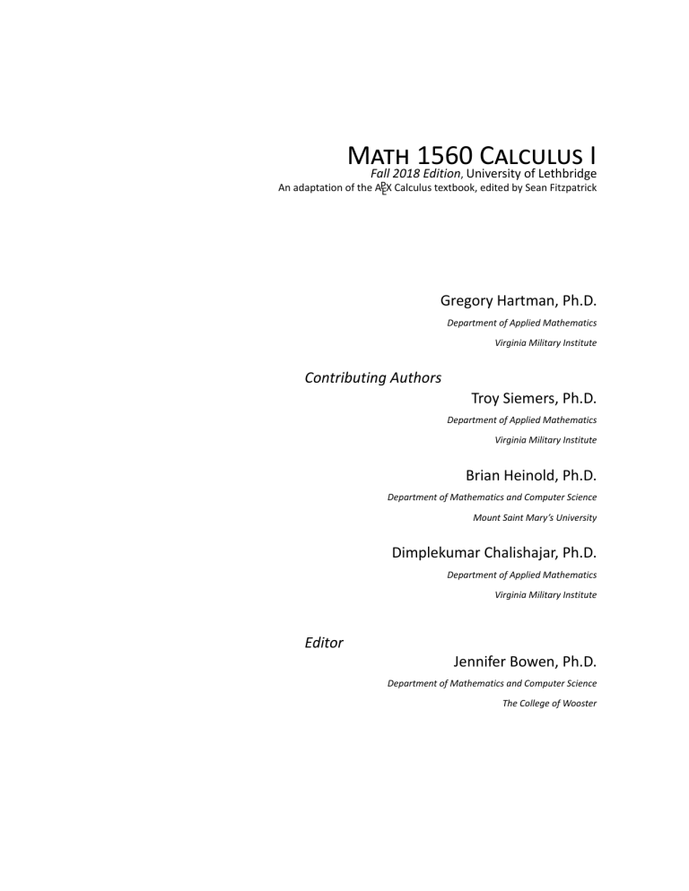 Calculus I Textbook - University of Lethbridge