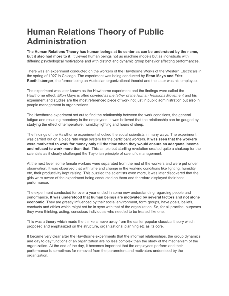 Human Relations & Bureaucratic Theory in Public Admin