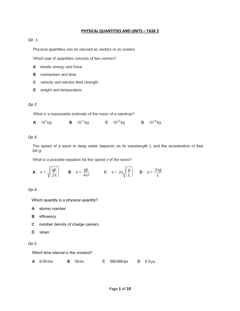 Physical Quantities & Units Worksheet - Physics
