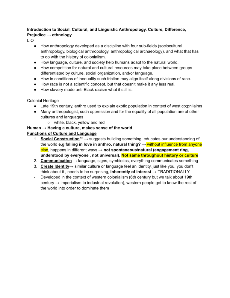 Social Anthropology: Culture, Language, Colonialism