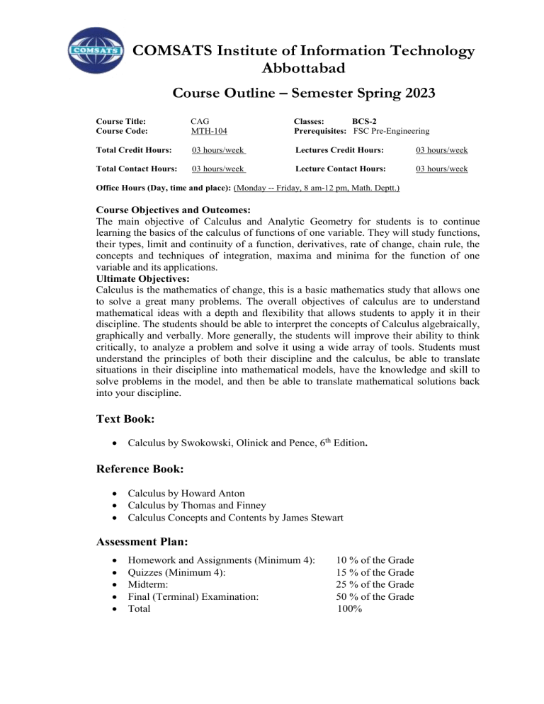 Calculus Course Outline: COMSATS Abbottabad
