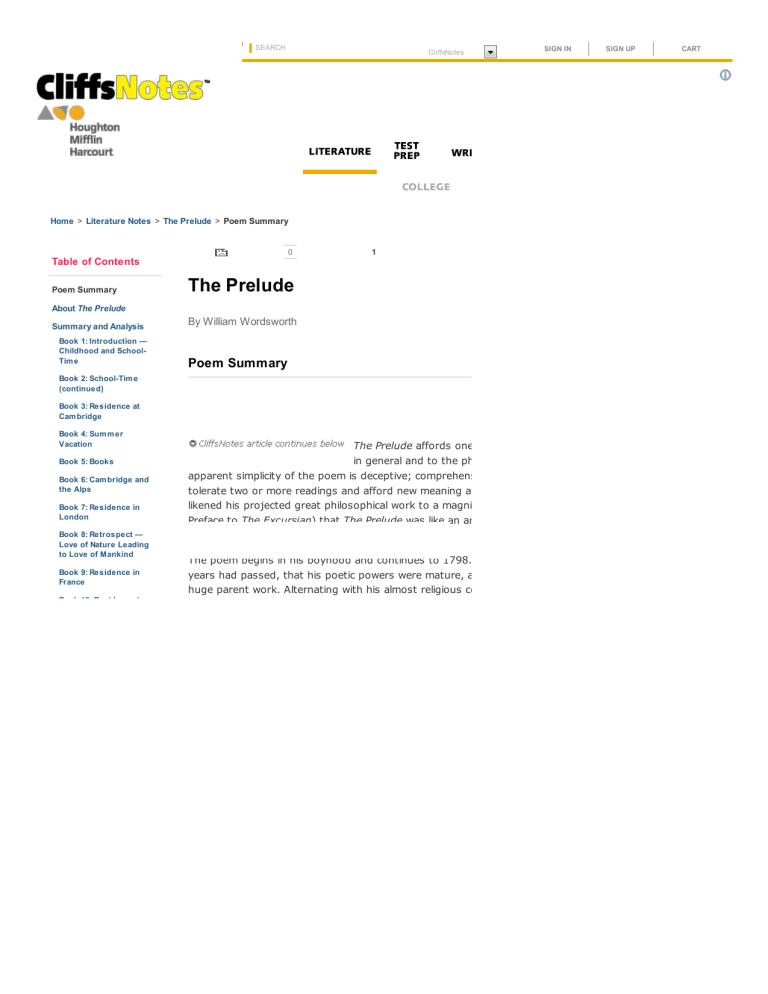 The Prelude Poem Summary & Analysis | CliffsNotes
