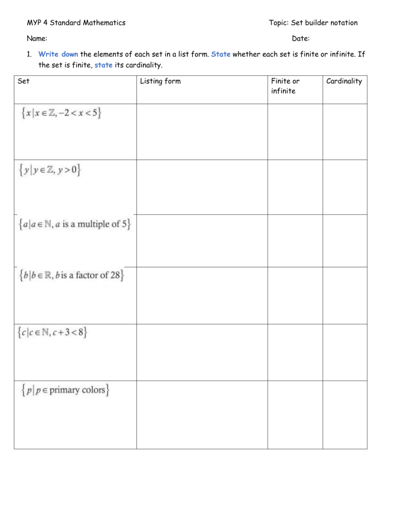Set Builder Notation Worksheet