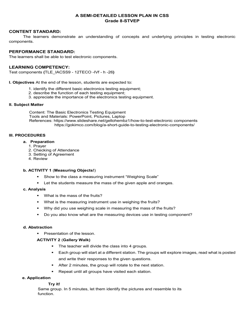 Basic Electronics Testing Equipment Lesson Plan