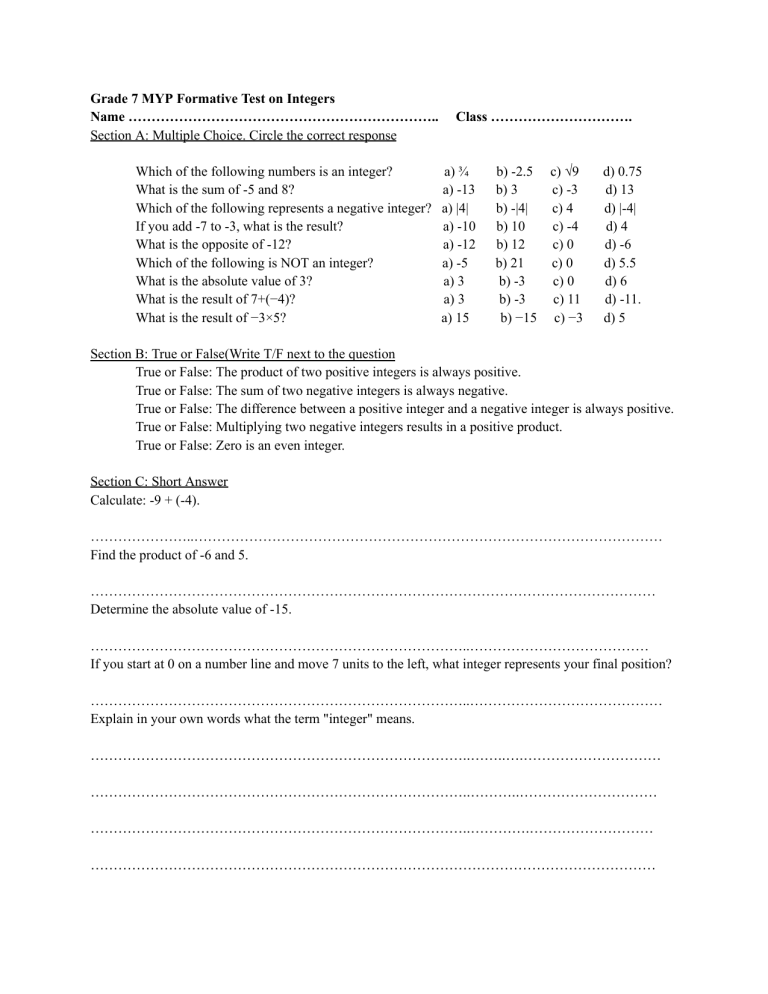 Grade 7 Integers Test: Formative Assessment