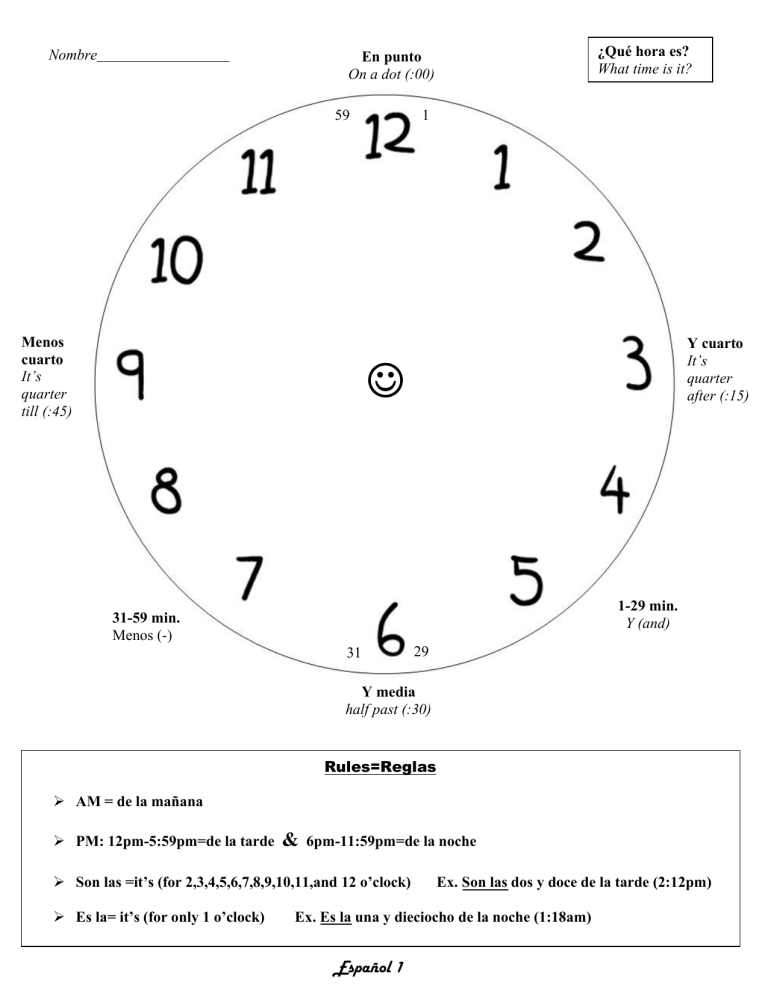 Aprende la hora en español: Hoja de trabajo para principiantes