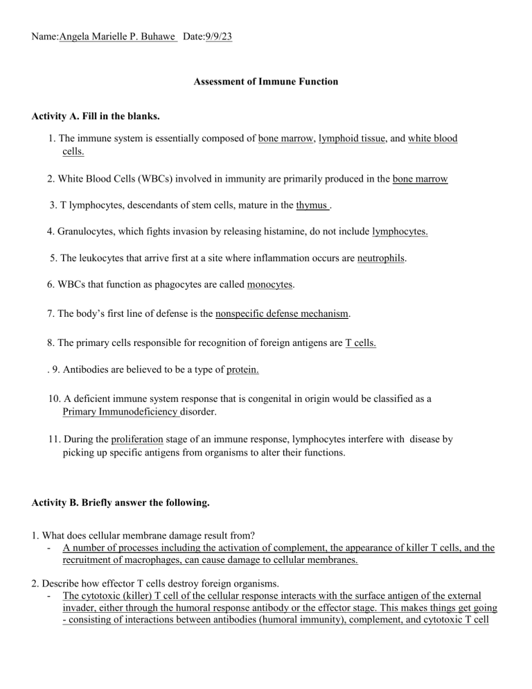 Immune System Assessment Worksheet