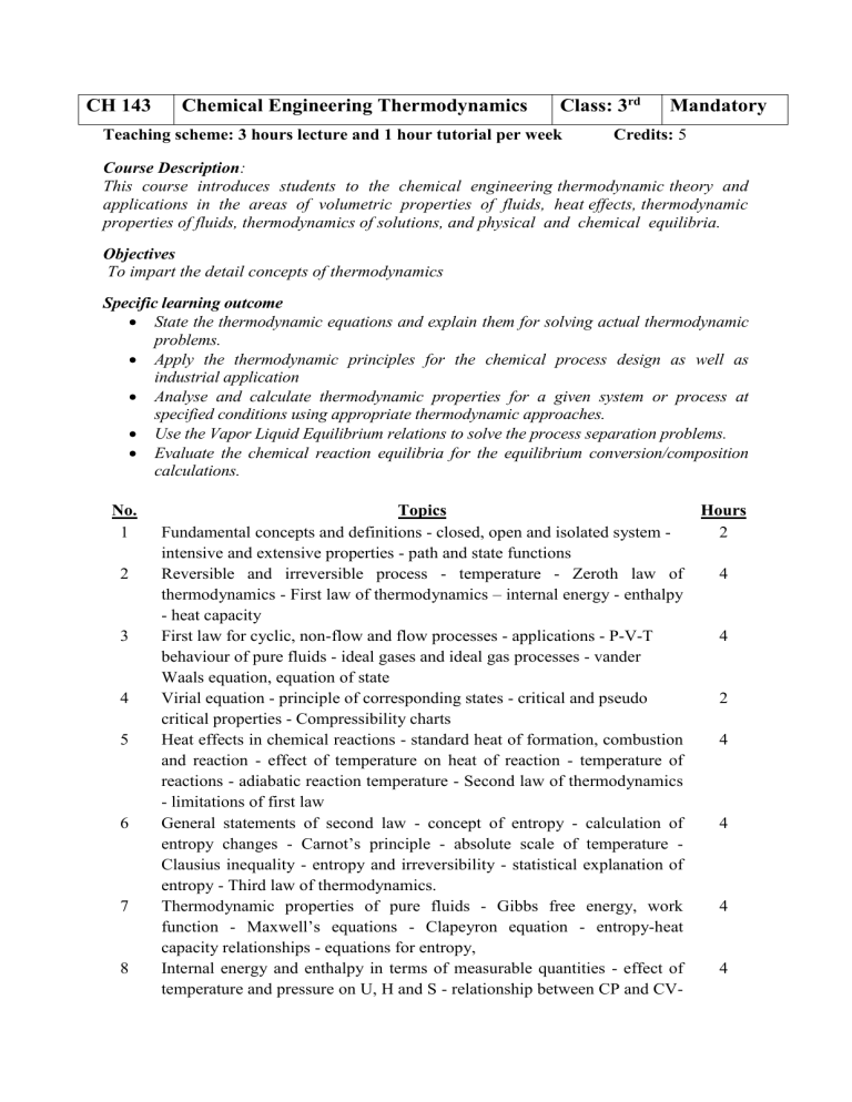 Chemical Engineering Thermodynamics Course Description