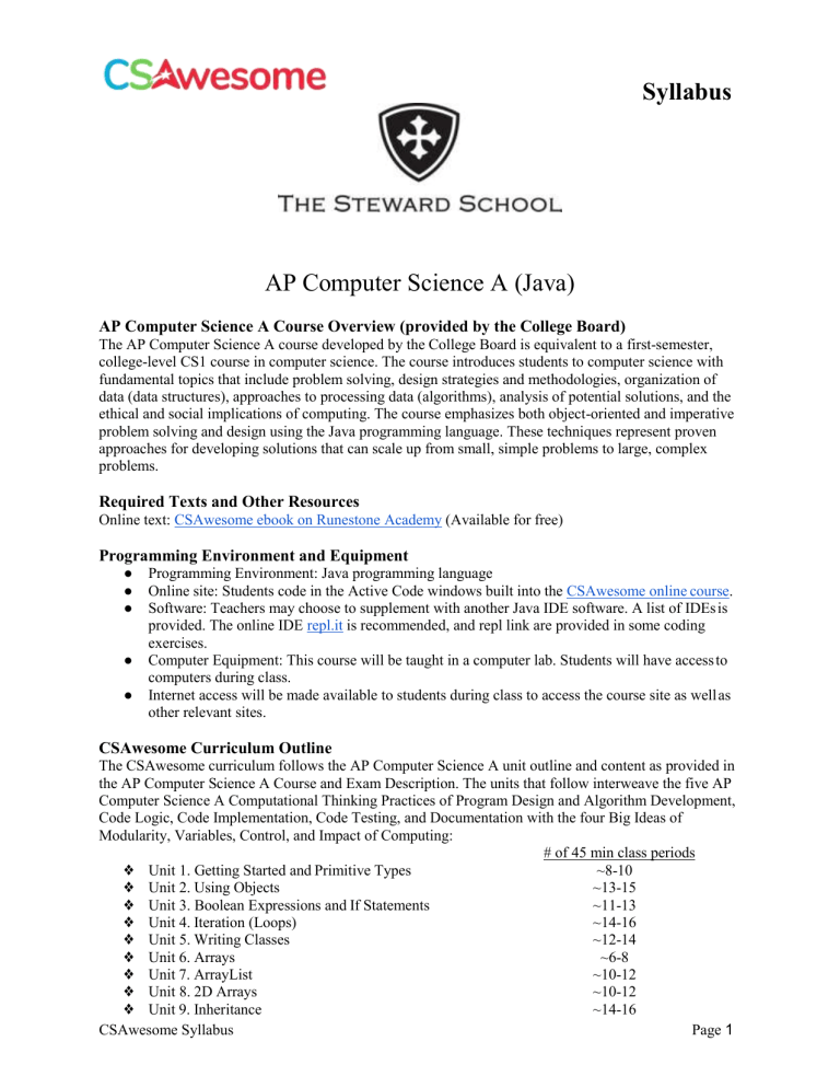 AP Computer Science A (Java) Syllabus