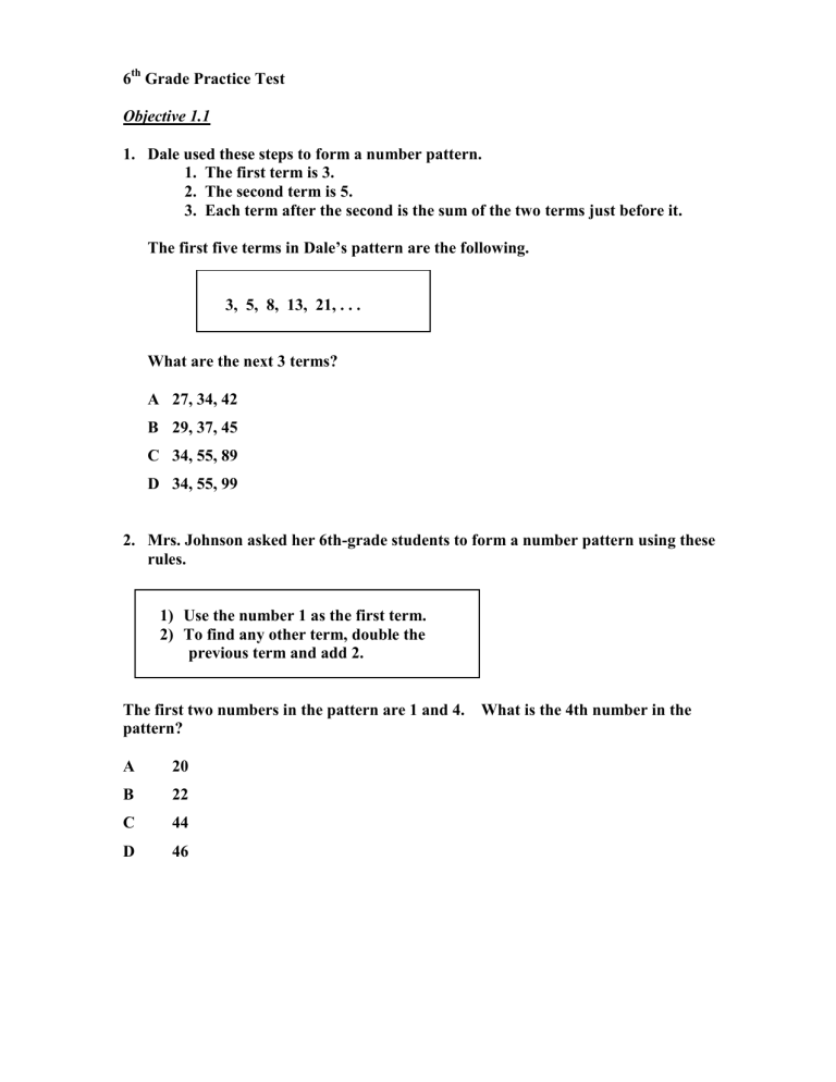 6th Grade Math Practice Test