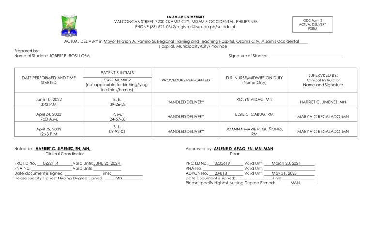 Actual Delivery Form - Nursing Procedures