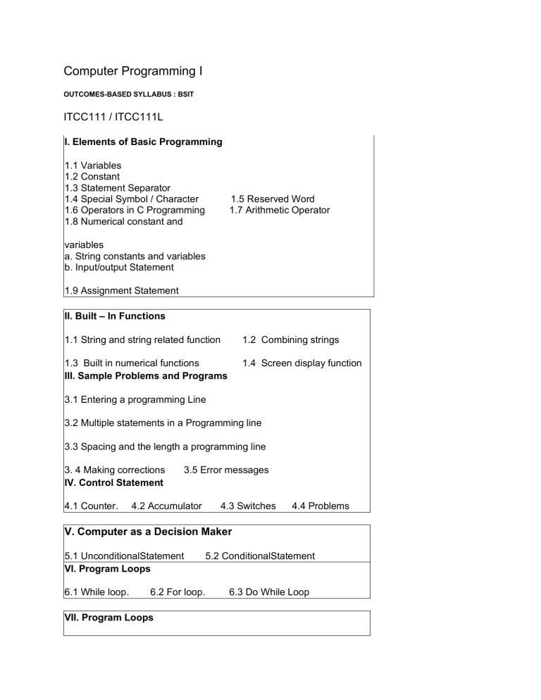Computer Programming I Syllabus