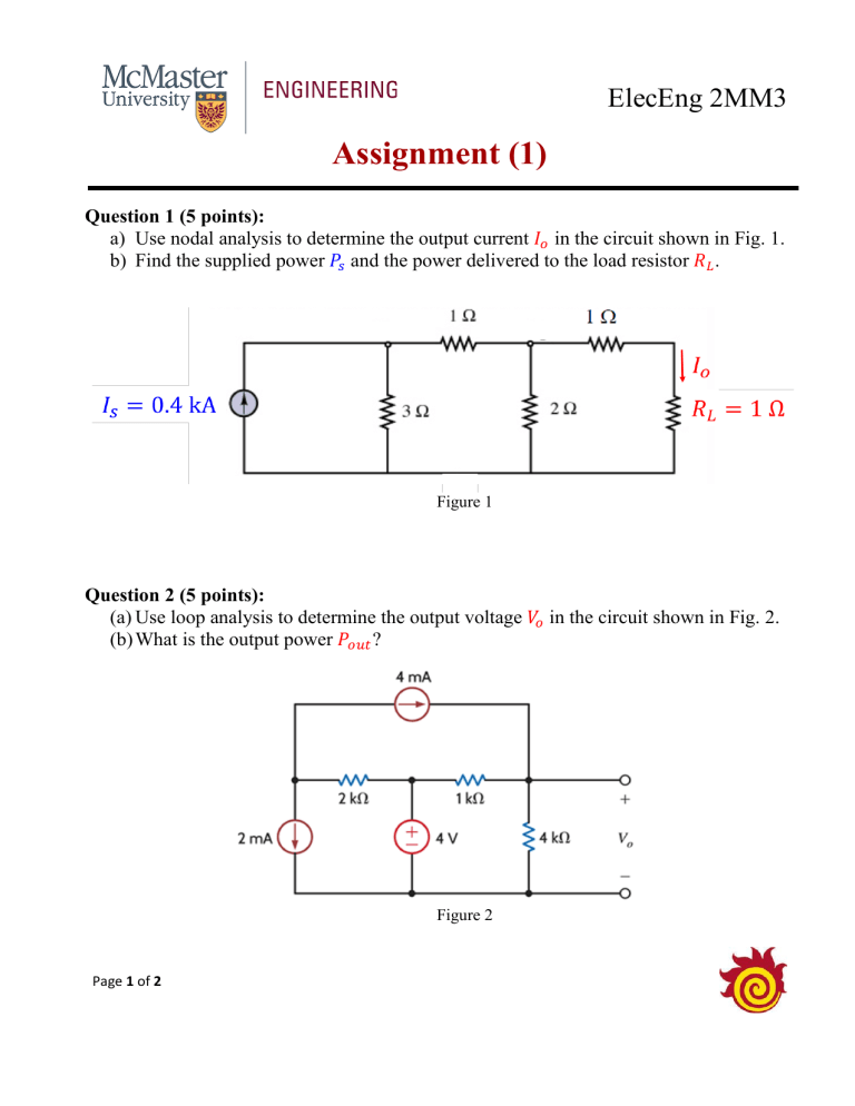 ElecEng 2MM3 Assignment: Circuit Analysis Problems